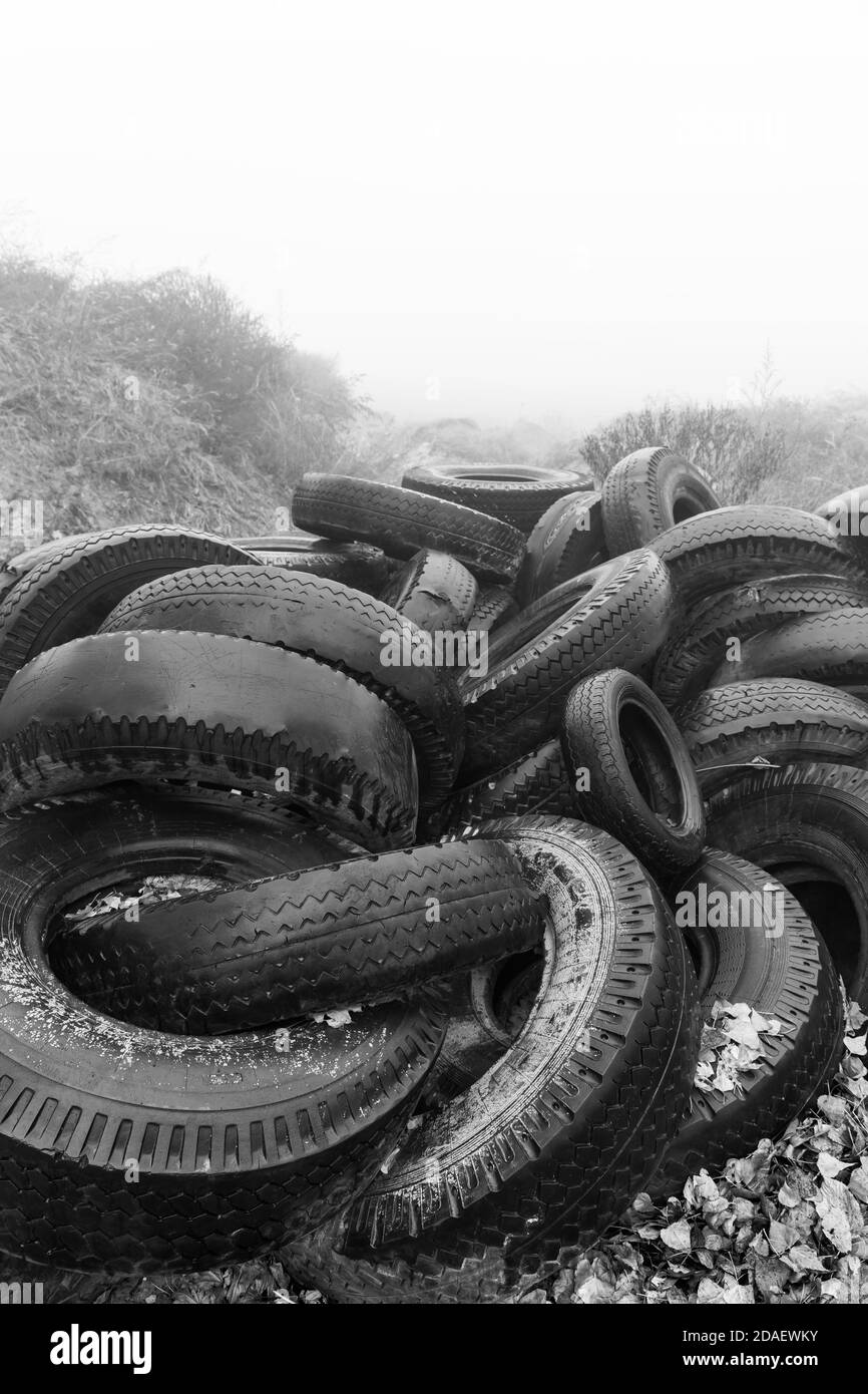 Ecological concept. Heap of old tires. Dump of old used tires in the ...