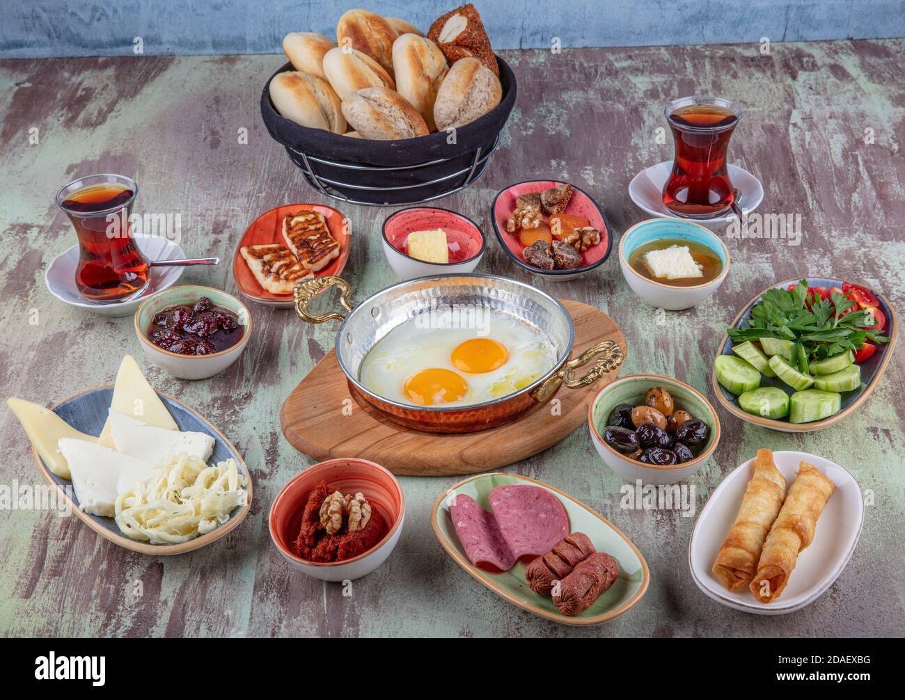 Delicious traditional turkish breakfast on table. Colorful, traditional ...