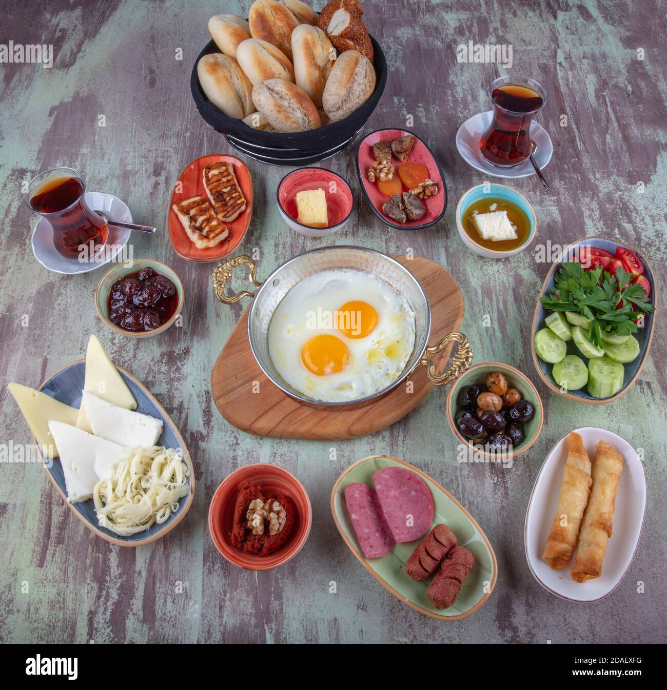 Delicious traditional turkish breakfast on table. Colorful, traditional ...
