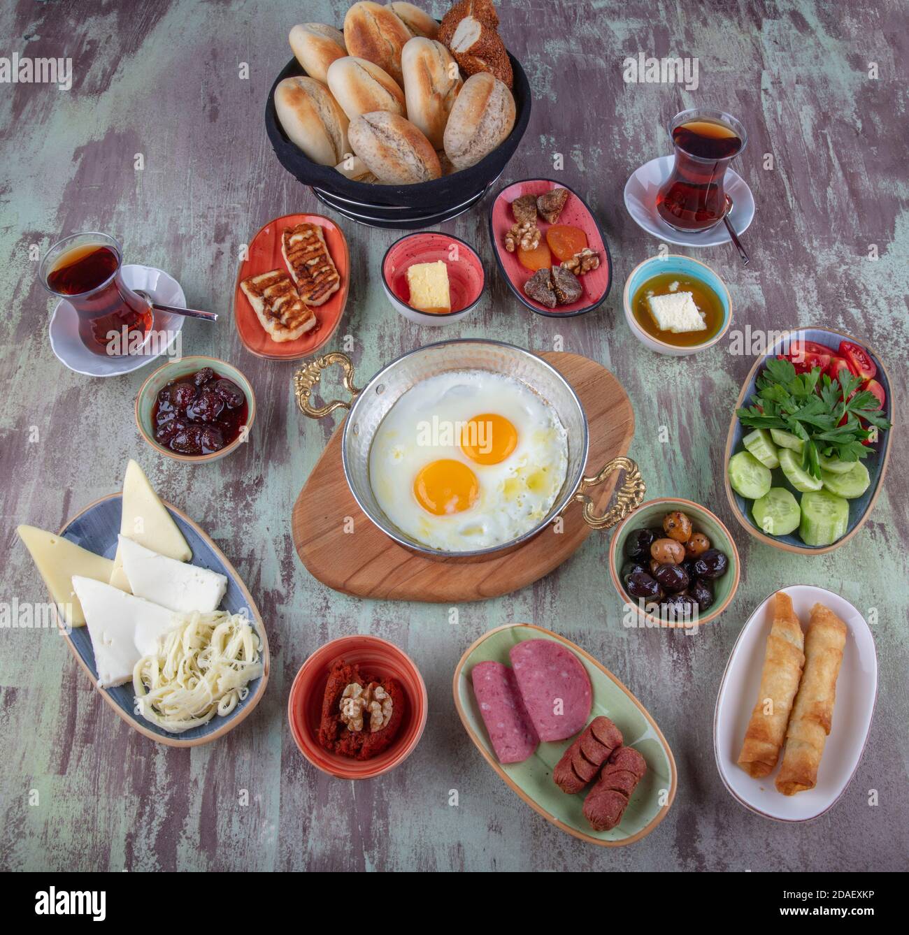 Delicious traditional turkish breakfast on table. Colorful, traditional ...