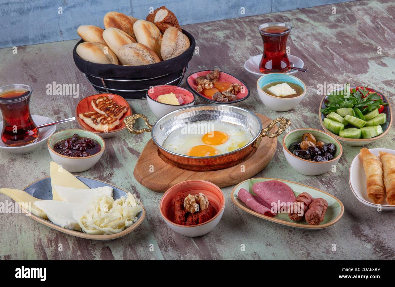 Delicious traditional turkish breakfast on table. Colorful, traditional ...
