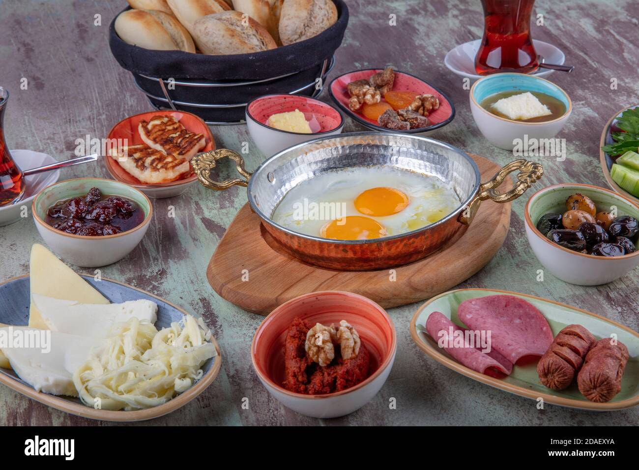 Delicious traditional turkish breakfast on table. Colorful, traditional ...