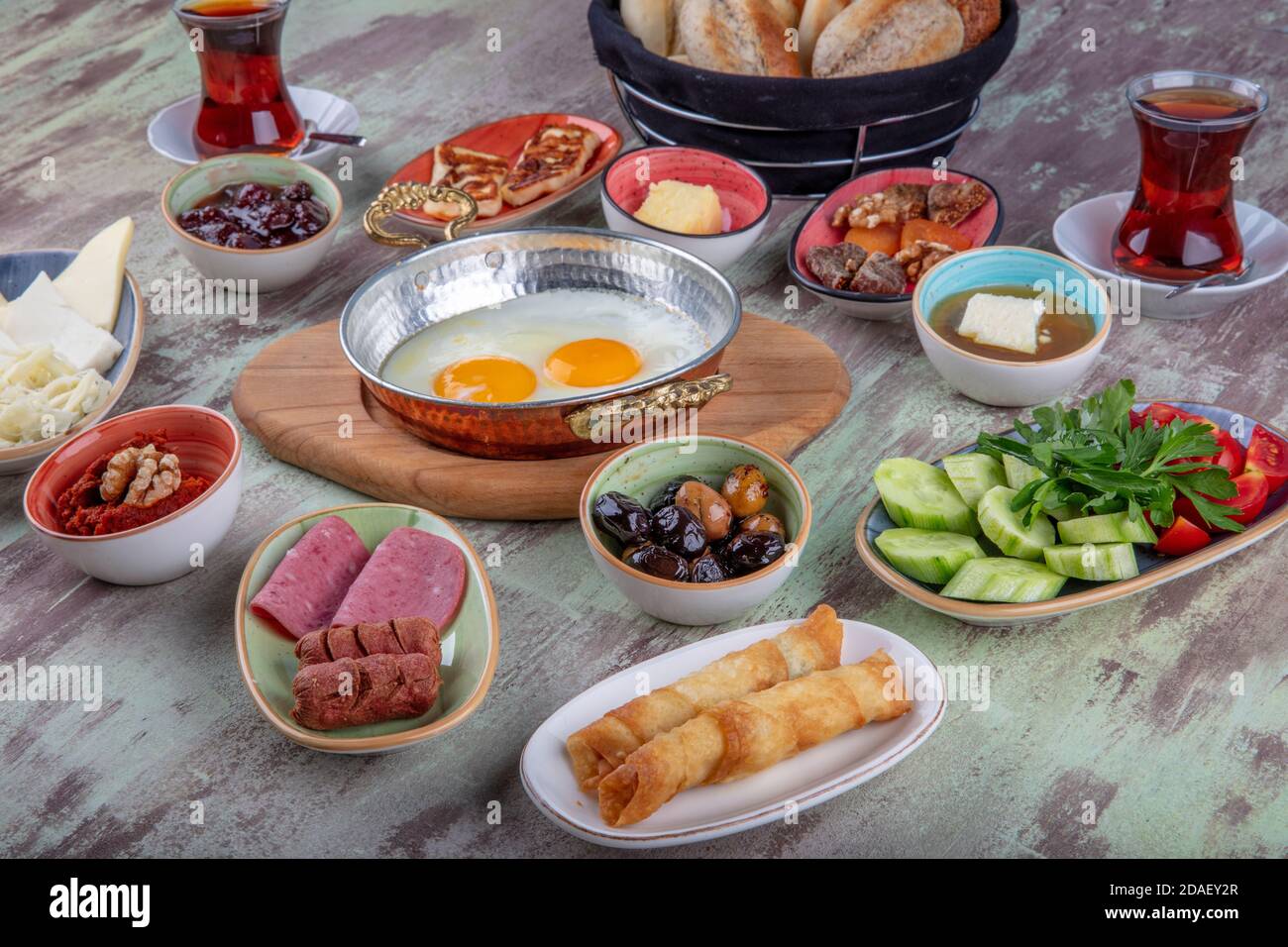 Delicious traditional turkish breakfast on table. Colorful, traditional ...