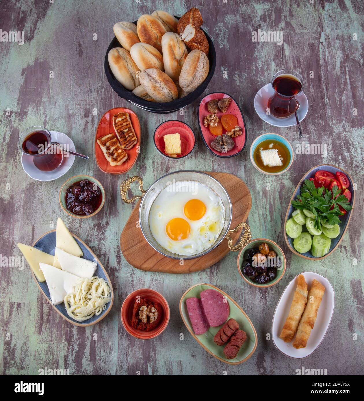 Delicious traditional turkish breakfast on table. Colorful, traditional ...