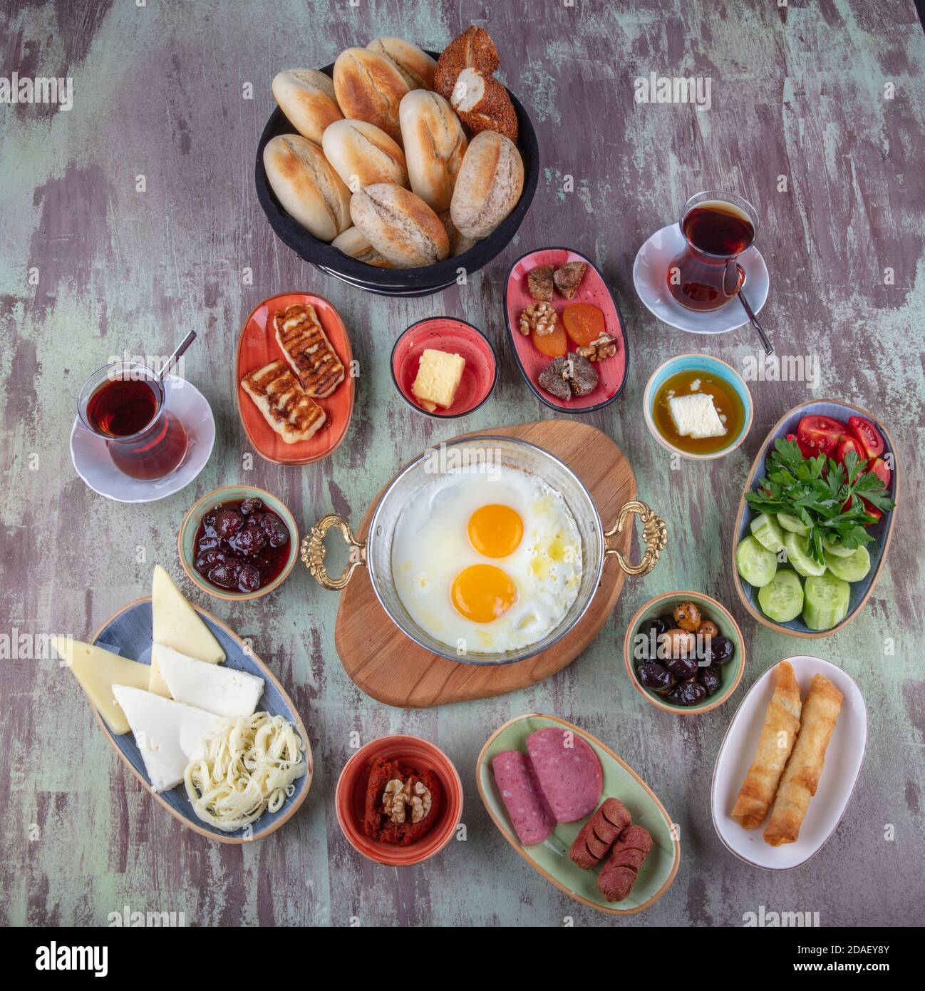 Delicious traditional turkish breakfast on table. Colorful, traditional ...