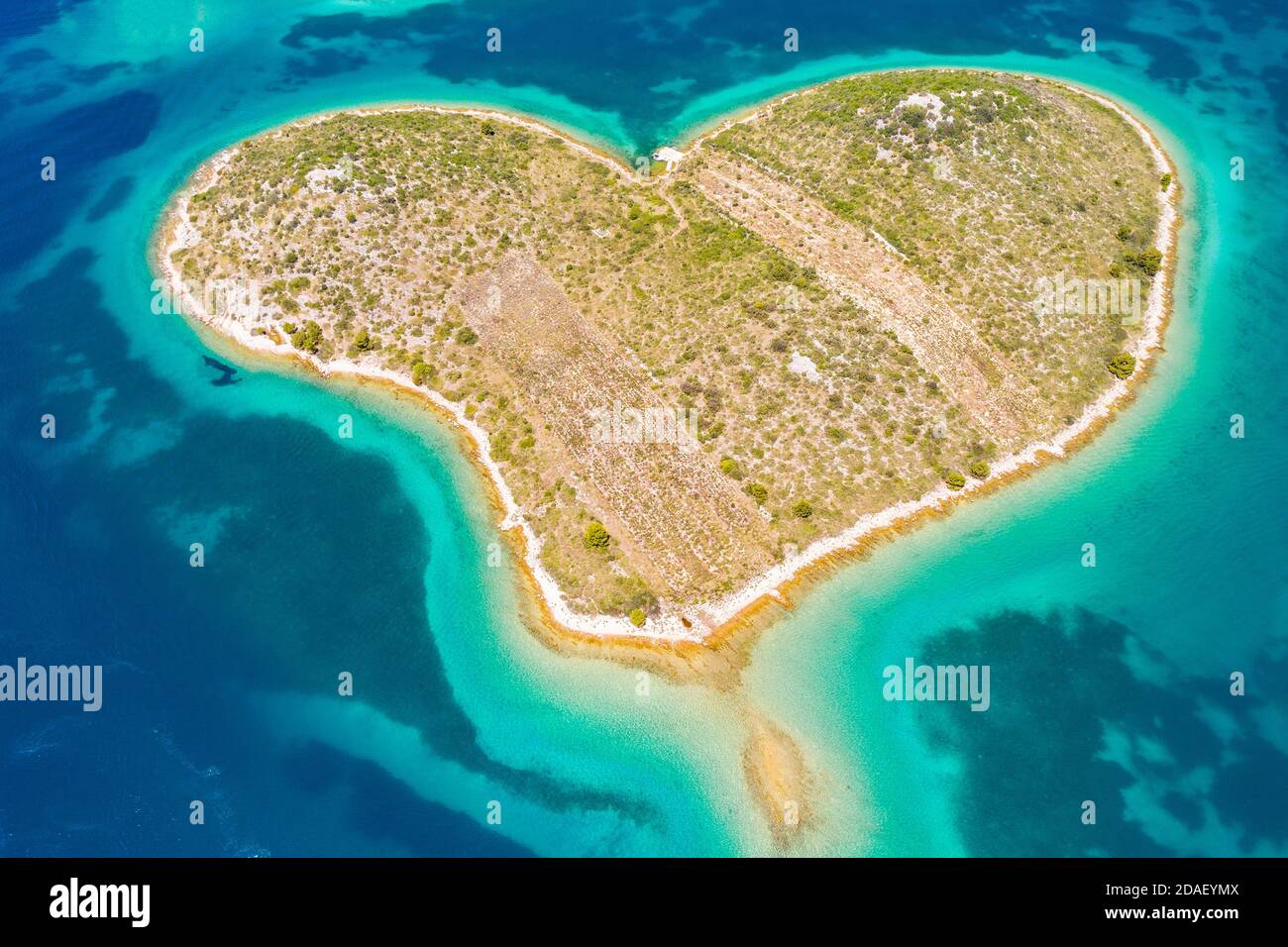 Aerial view of the amazing heart shaped island of Galesnjak, beautiful ...