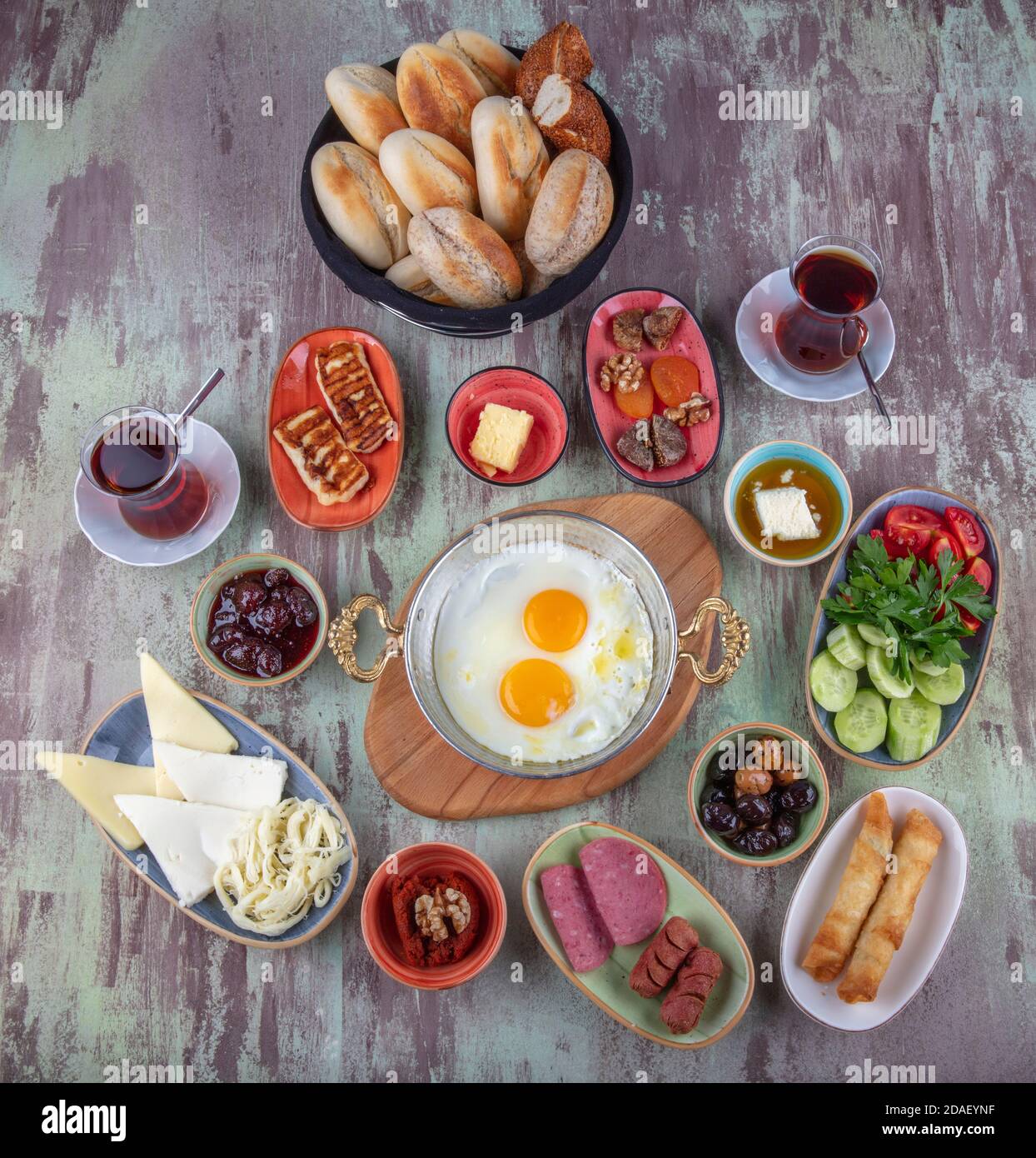 Delicious traditional turkish breakfast on table. Colorful, traditional ...