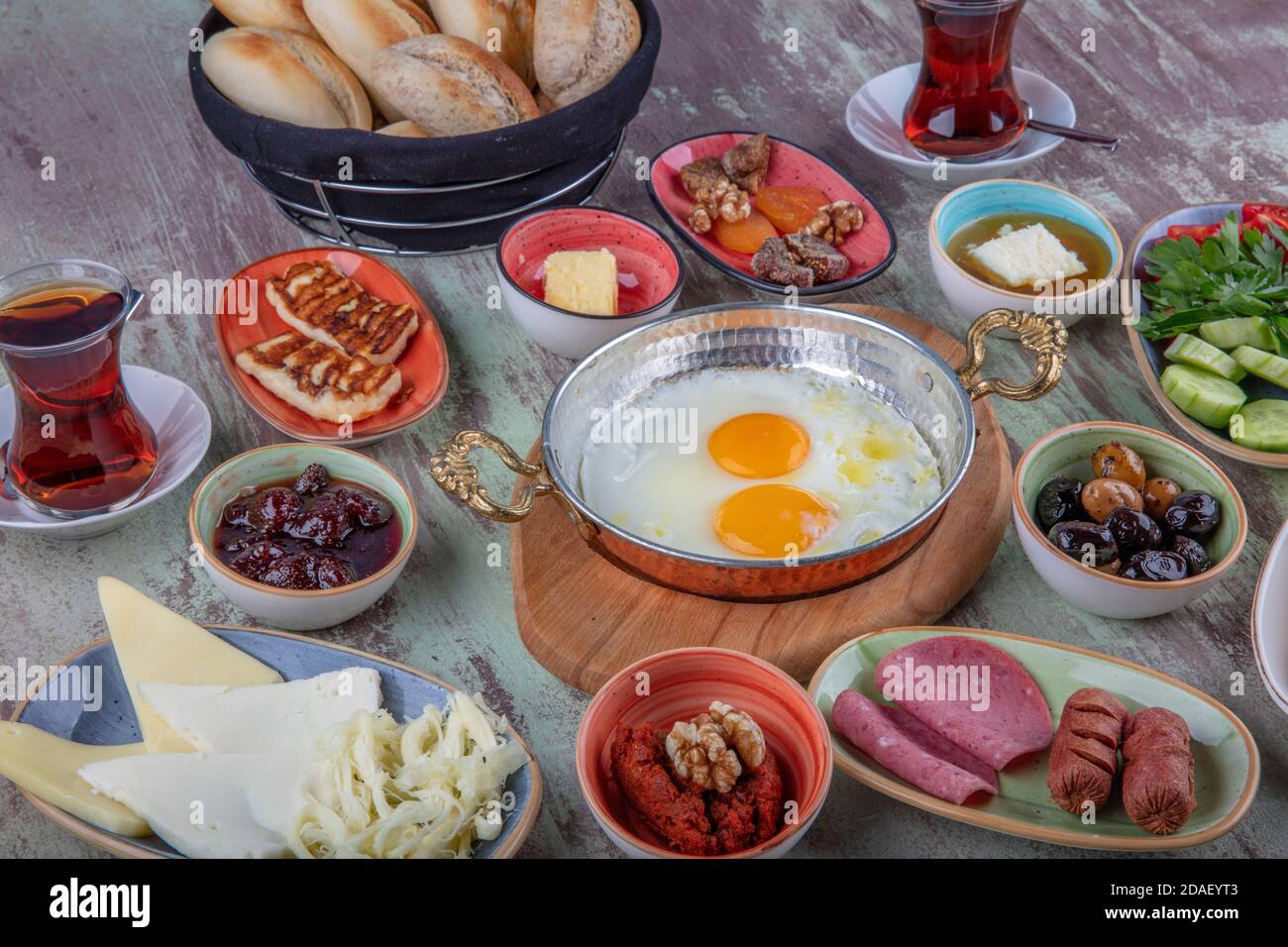 Delicious traditional turkish breakfast on table. Colorful, traditional ...