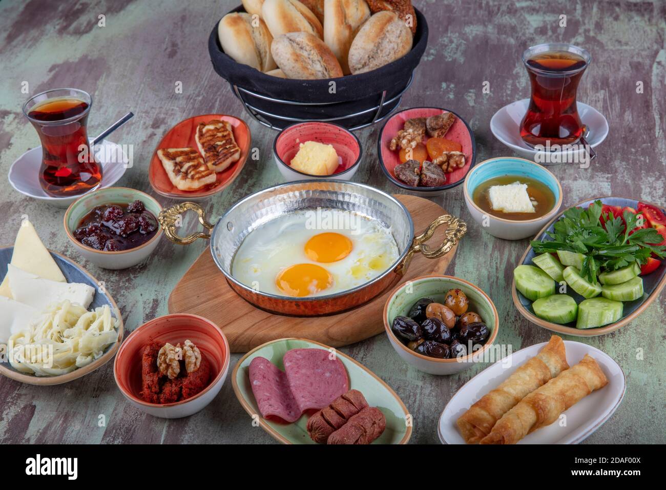 Delicious traditional turkish breakfast on table. Colorful, traditional ...