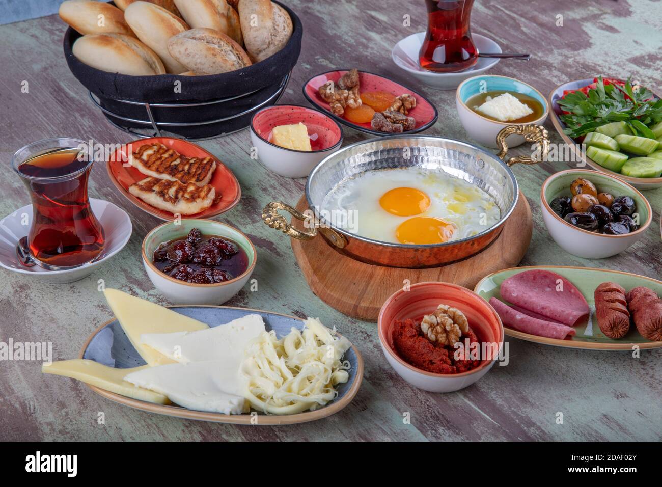 Delicious traditional turkish breakfast on table. Colorful, traditional ...