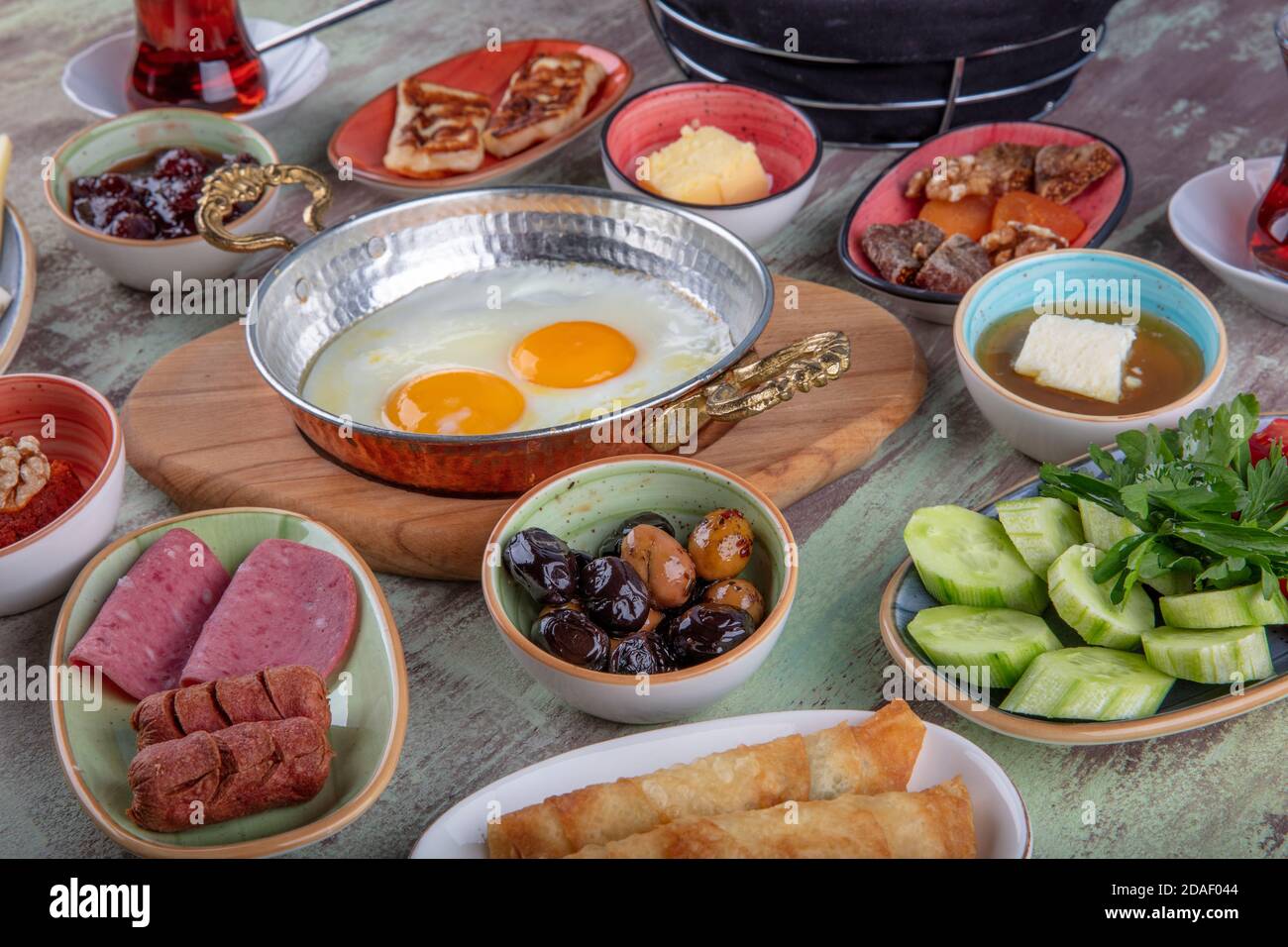 Delicious traditional turkish breakfast on table. Colorful, traditional ...