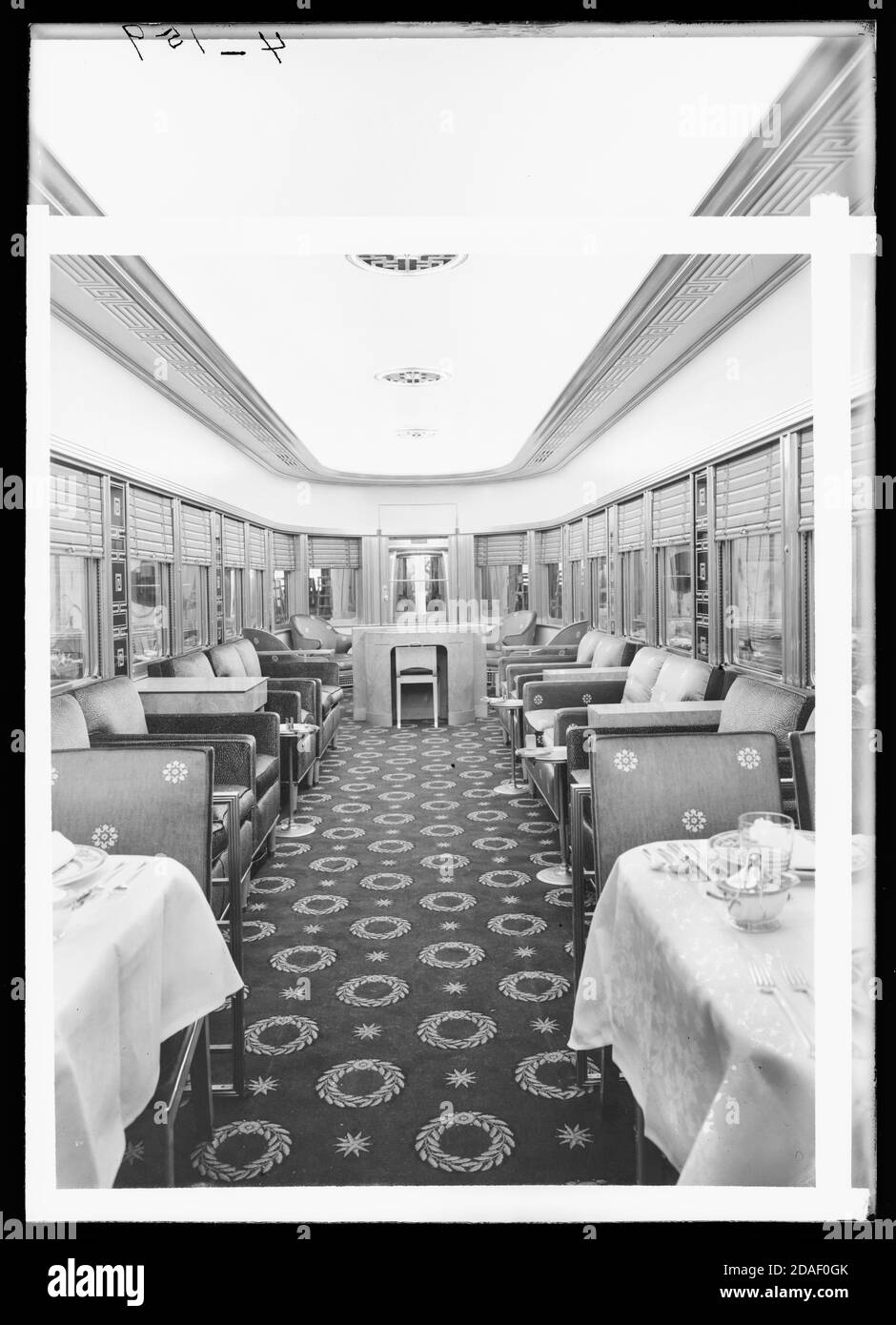 View of lounge from dining area in aluminum train car named the George ...