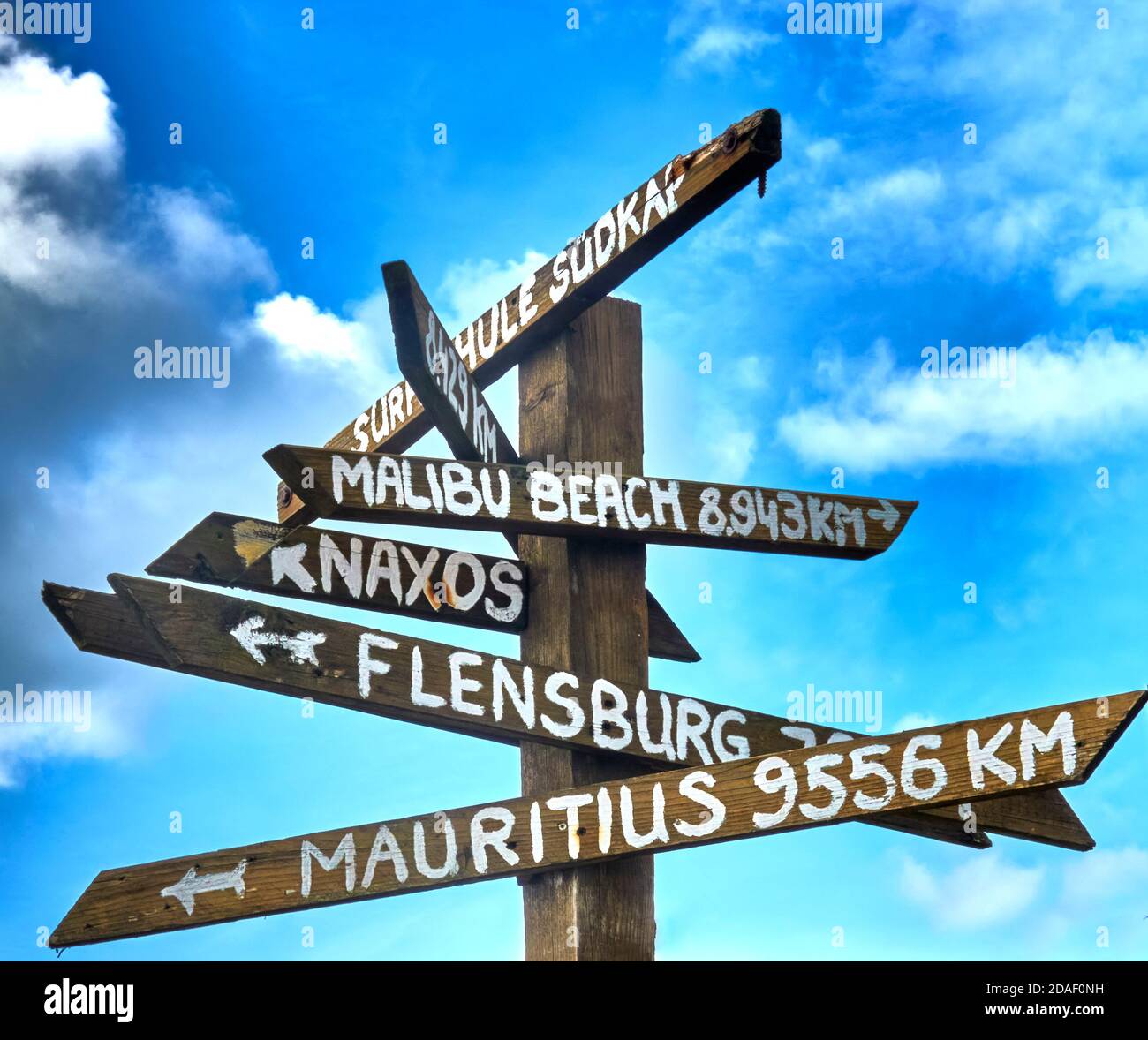 Signpost indicating the distance to beautiful places with good beaches ...