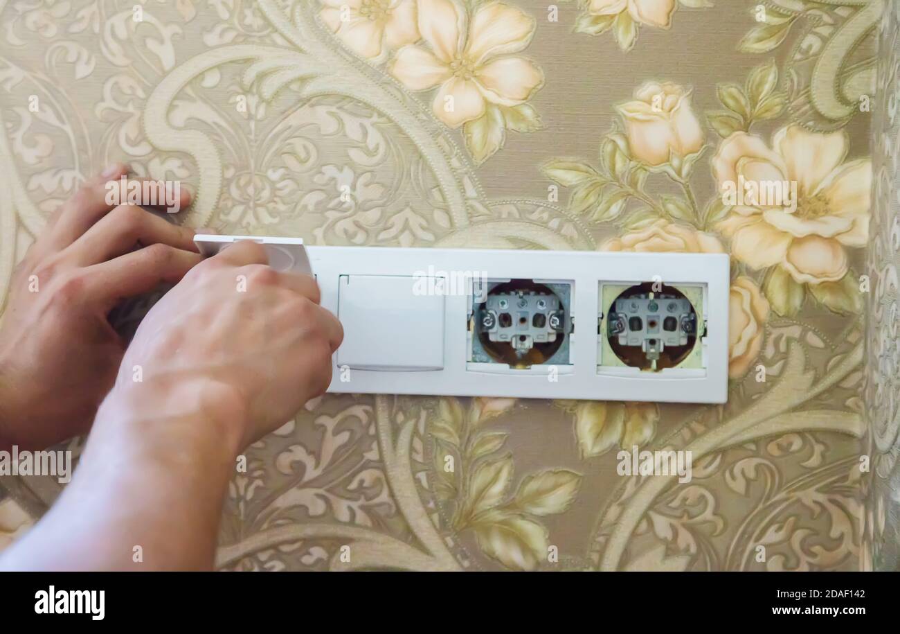 write electrical work, switch and socket installation.selectiv focus ...