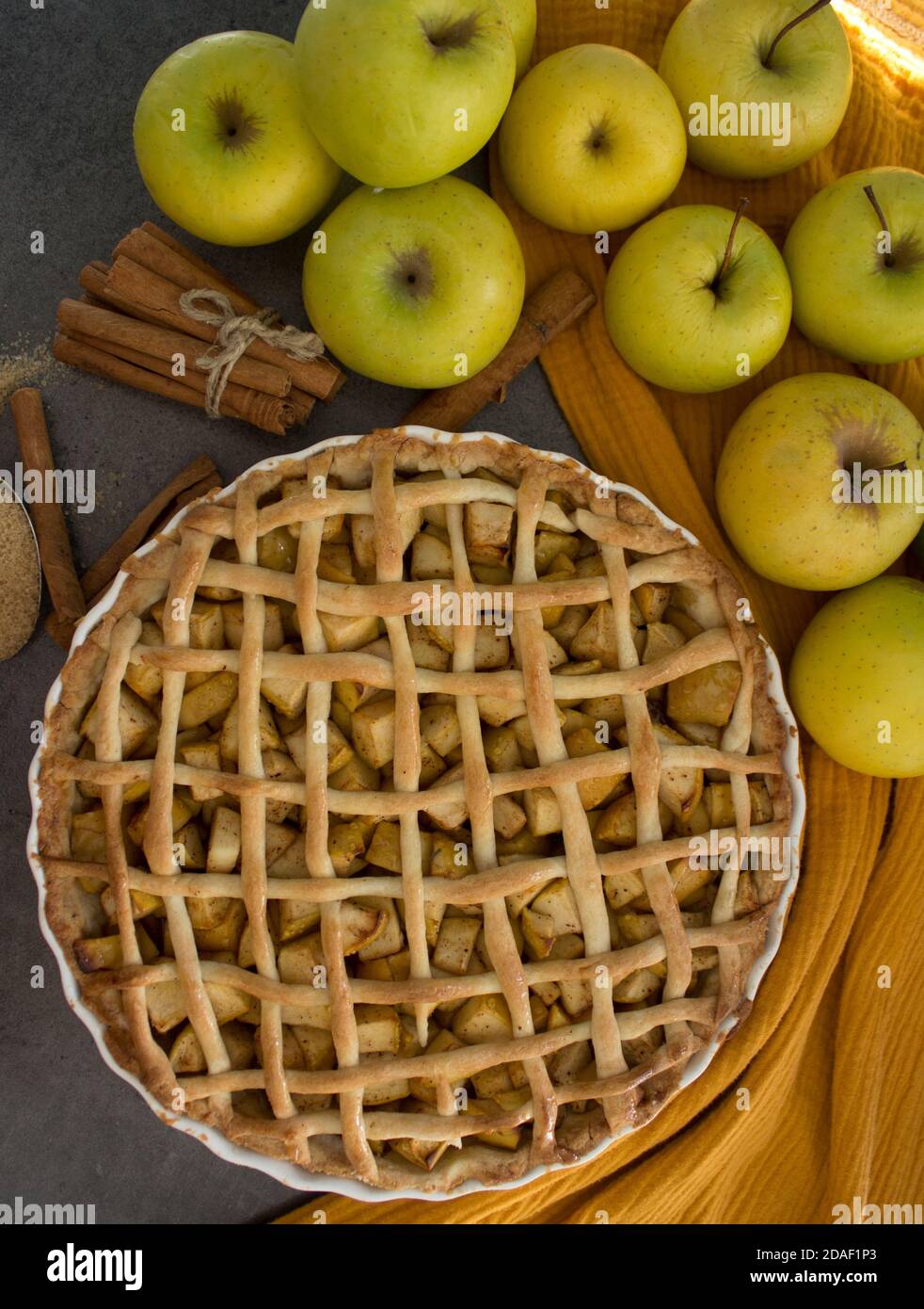 Apple pie with lattice decoration. Homemade dessert pie top view photo ...