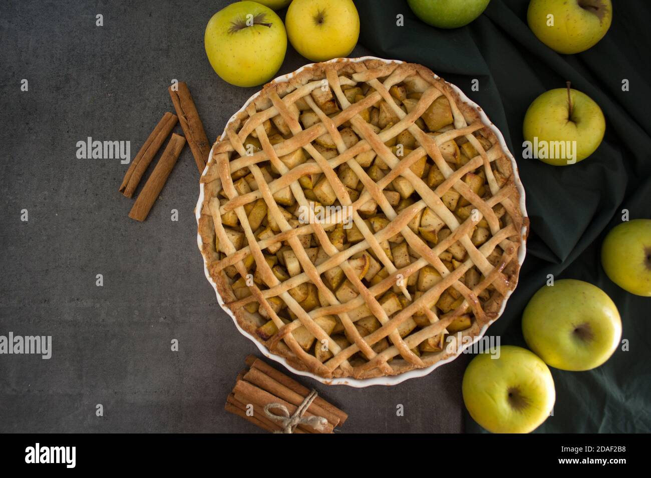 Apple pie with lattice decoration. Homemade dessert pie top view photo ...