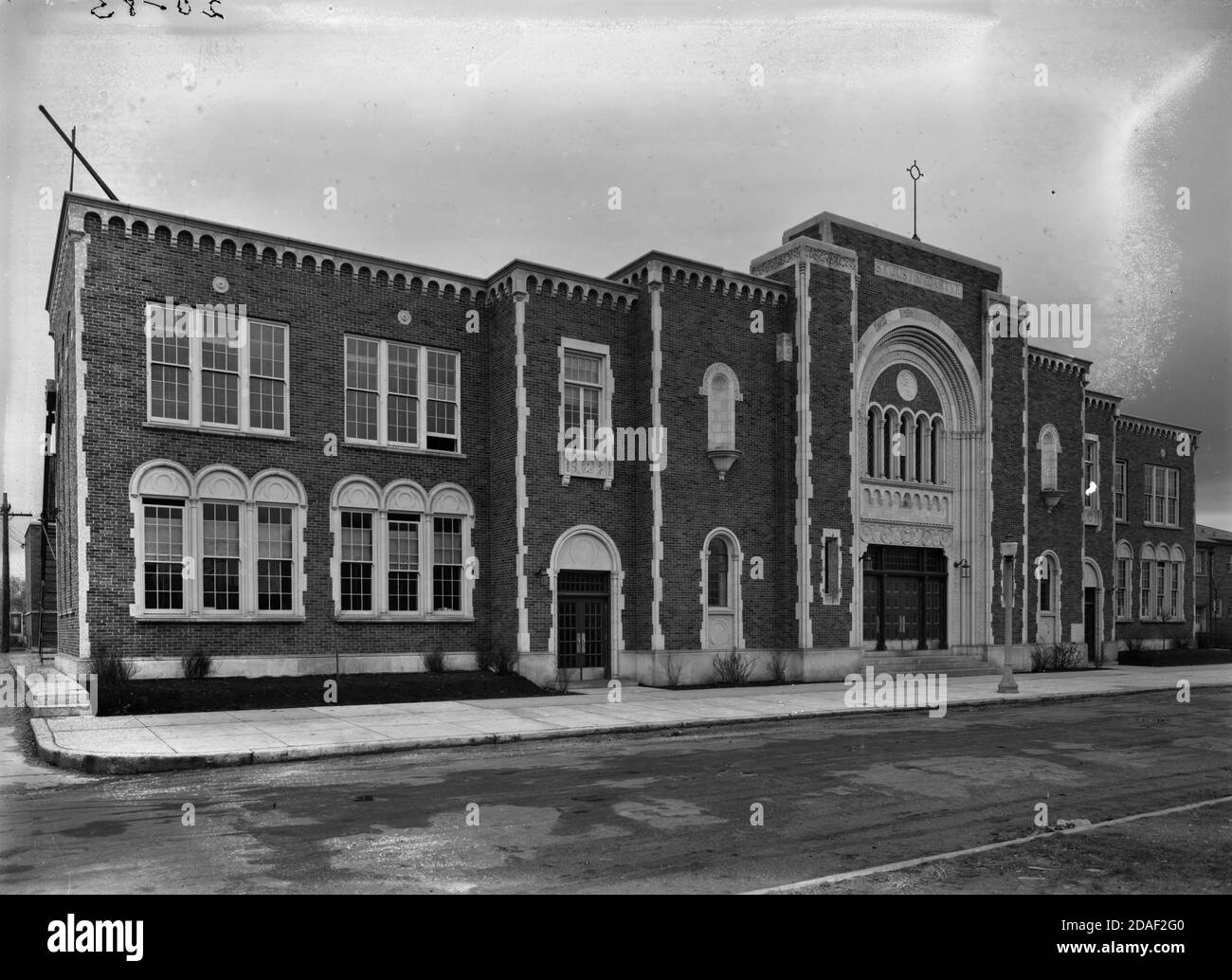 Exterior detail of entrance to St. Justin Martyr Church, architect ...