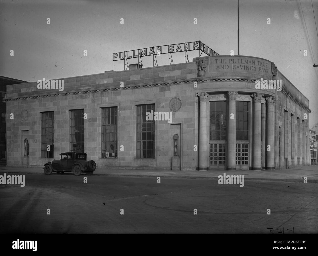 Exterior view showing sign on top at Pullman Trust and Savings Bank ...