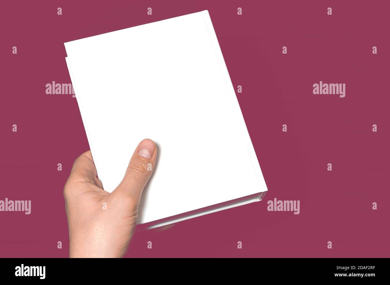 Men's hands holding closed book with blank cover on light background ...