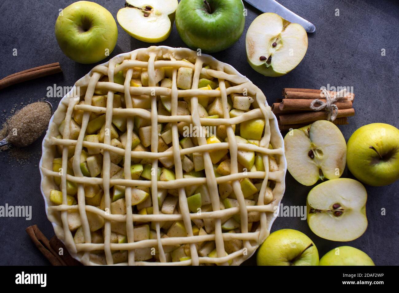 Apple pie with lattice decoration. Homemade dessert pie top view photo ...