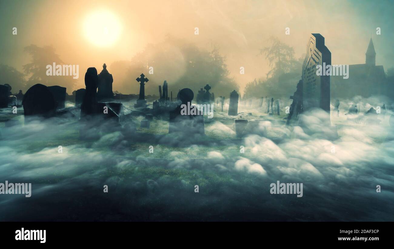 Spooky supernatural graveyard in the early morning with silhouette ...