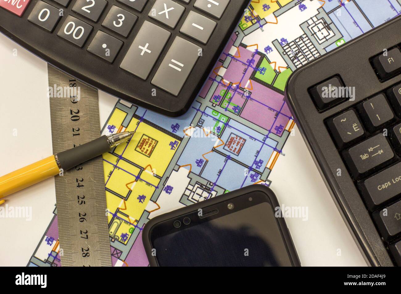 Calcurator, pen and ruler on building house architecture plan drawing ...