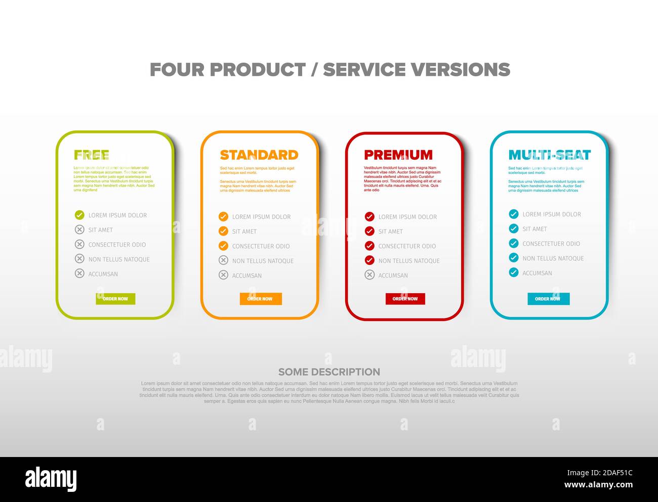 Product features schema template cards with four services, feature ...