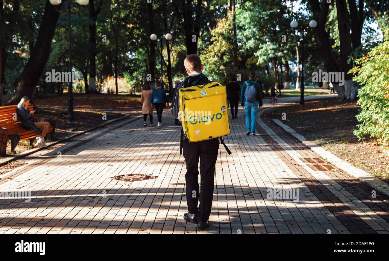 Kyiv, Ukraine - Sep. 29, 2018: A Glovo food delivery courier delivers ...
