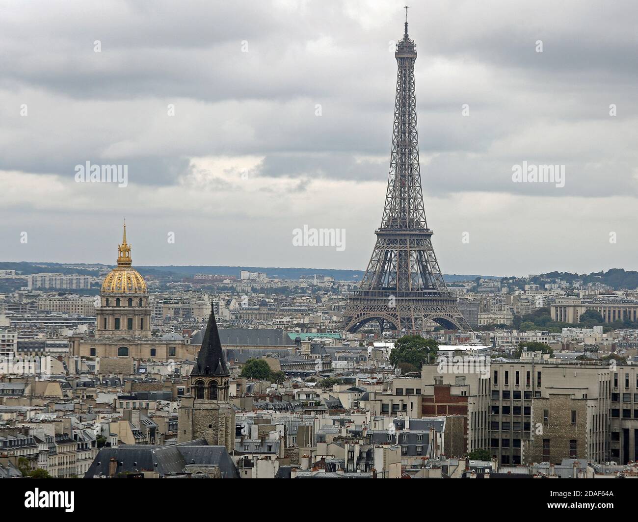 view of Paris from above with the big Eiffel Tower and the golden dome ...