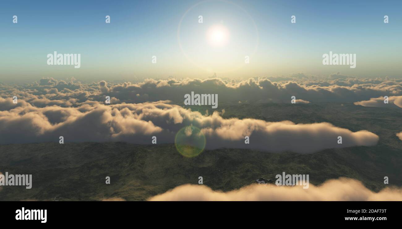 fly over clouds sunset, 3d render illustration Stock Photo - Alamy