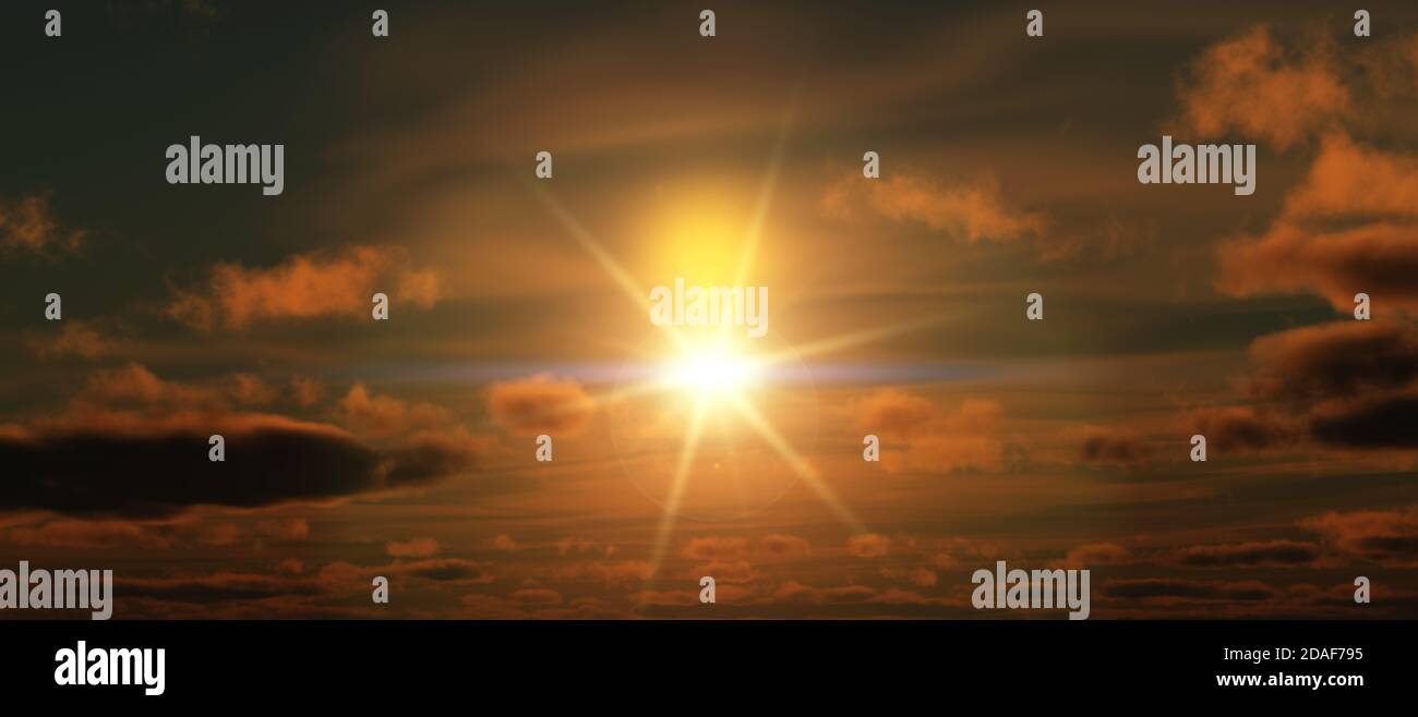 sunset sun ray clouds panorama, 3d illustration render Stock Photo - Alamy