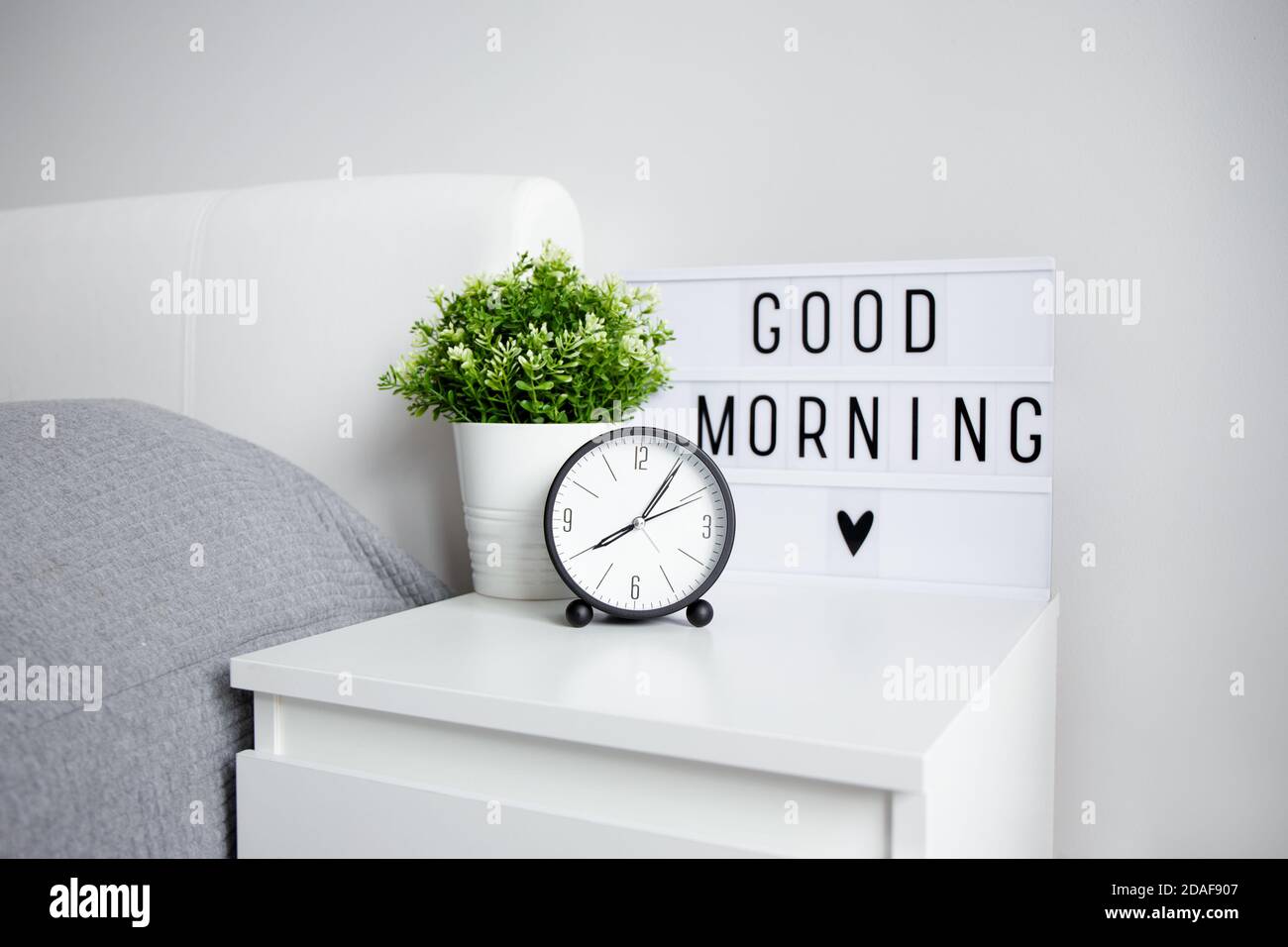good morning concept - close up of alarm clock, houseplant and lightbox ...