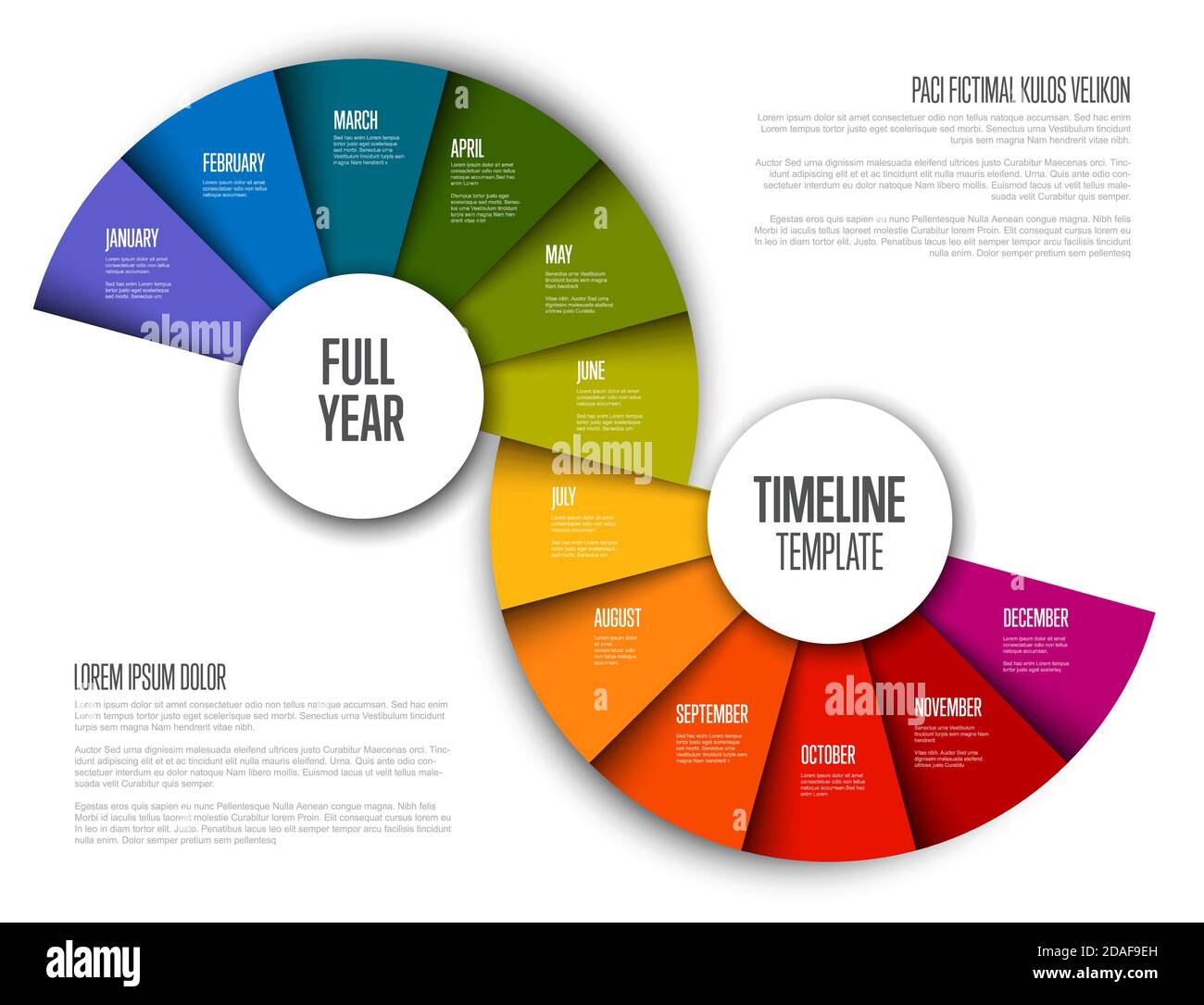 Full year timeline template with all months on two circle folded ...