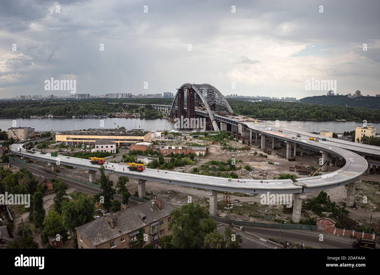 KYIV, UKRAINE - Jun 04, 2019: Construction of the Podolsky bridge in ...