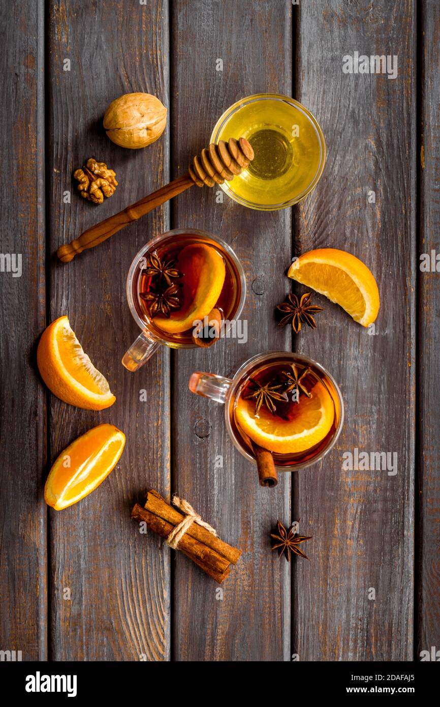 Flay lay of Christmas hot mulled wine with cinnamon and spices Stock ...