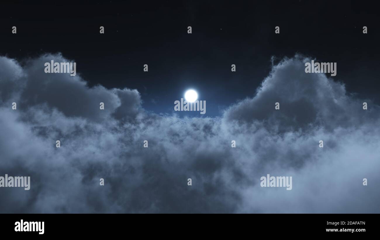 above clouds at night in full moon, 3d render illustration Stock Photo ...