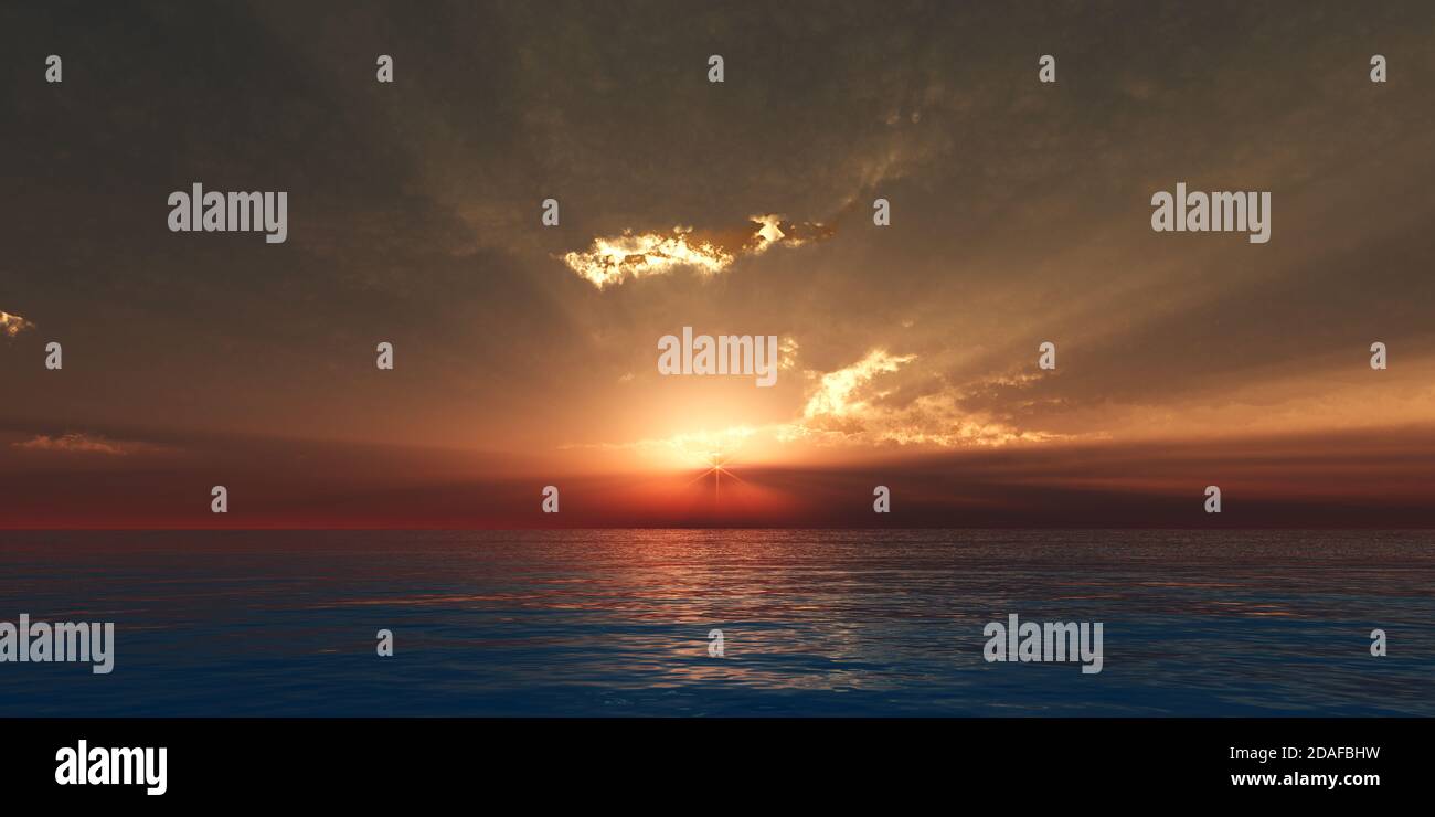 beautifully sunset over ocean, 3d render illustration Stock Photo - Alamy