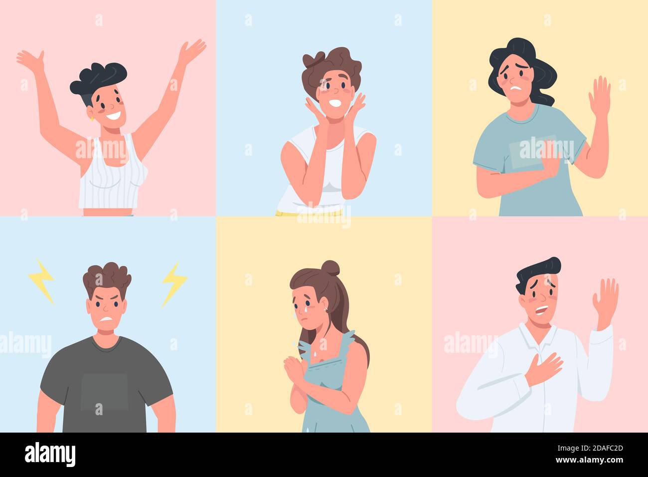 Different emotional expressions flat color vector faceless character ...