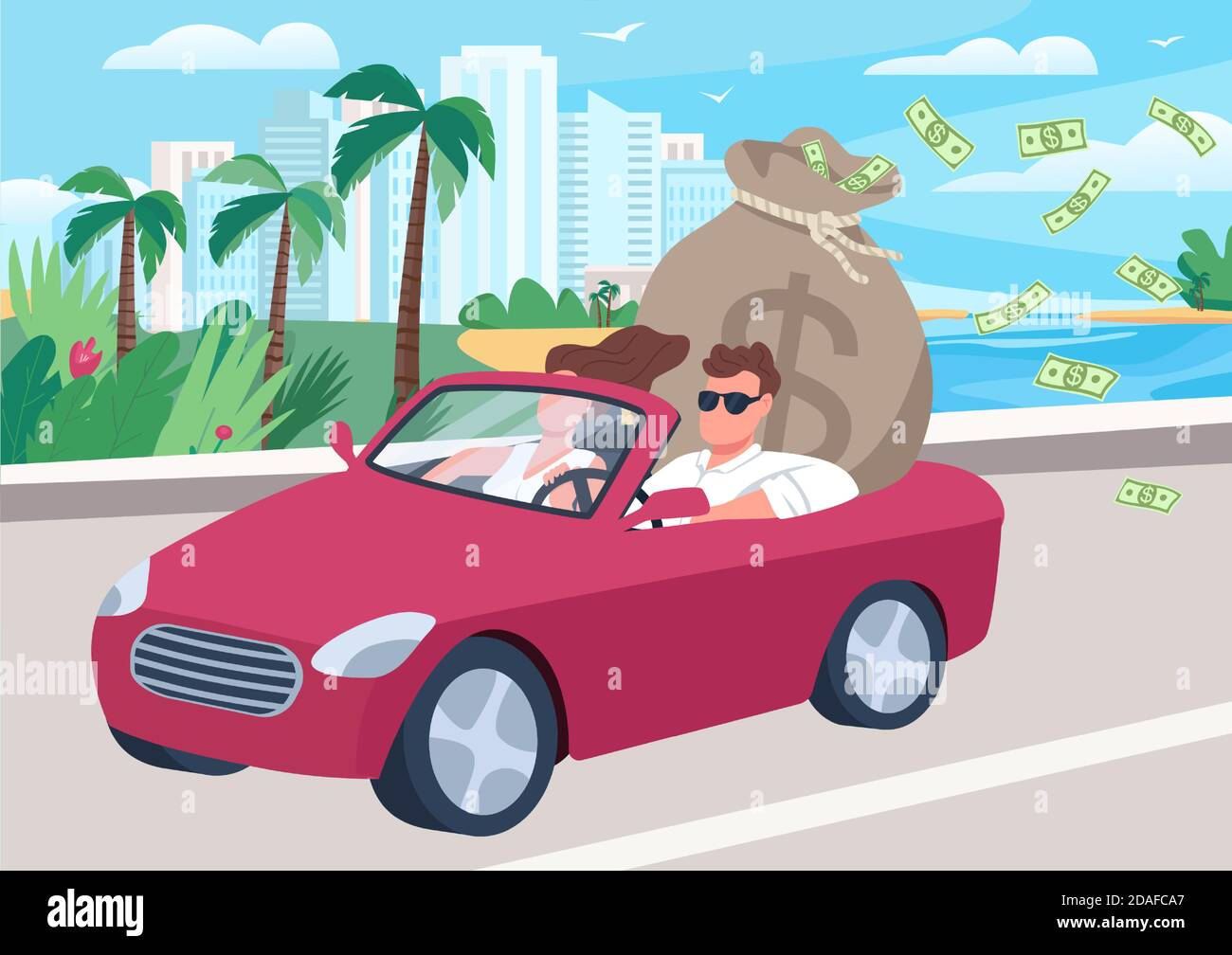 Successful man in car with money bag flat color vector illustration ...