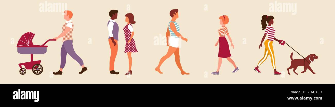 Set of people walking in the park. Outdoor activity. Vector ...