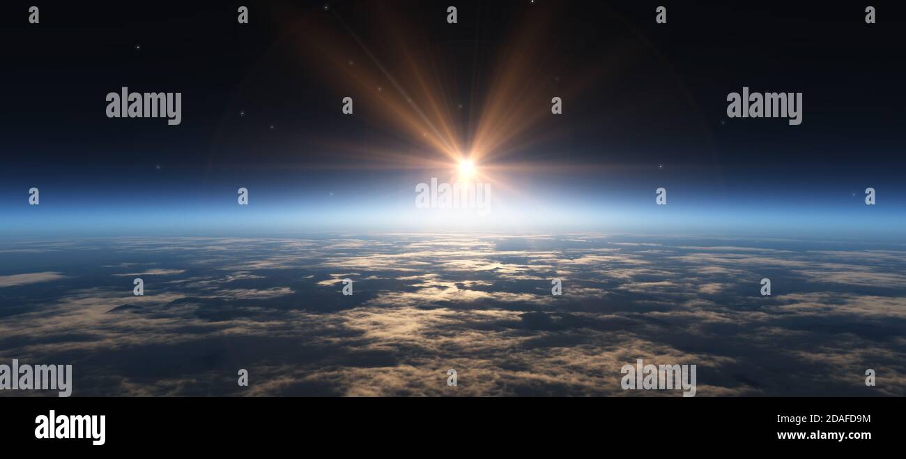 sunrise from space, stars and sun, 3d render illustration Stock Photo ...