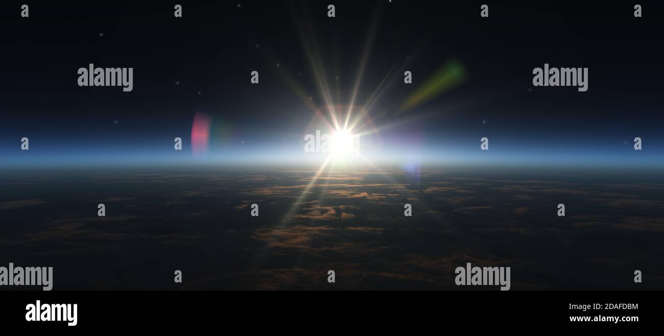 sunrise from space, stars and sun, 3d render illustration Stock Photo ...