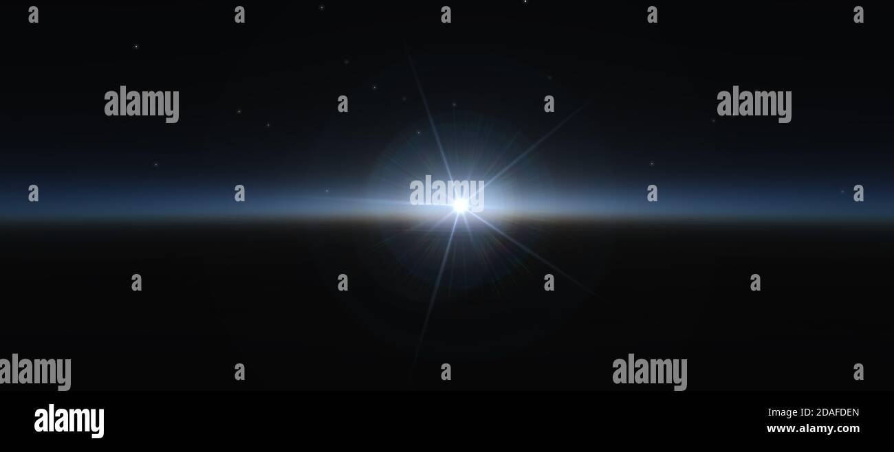 sunrise from space, stars and sun, 3d render illustration Stock Photo ...