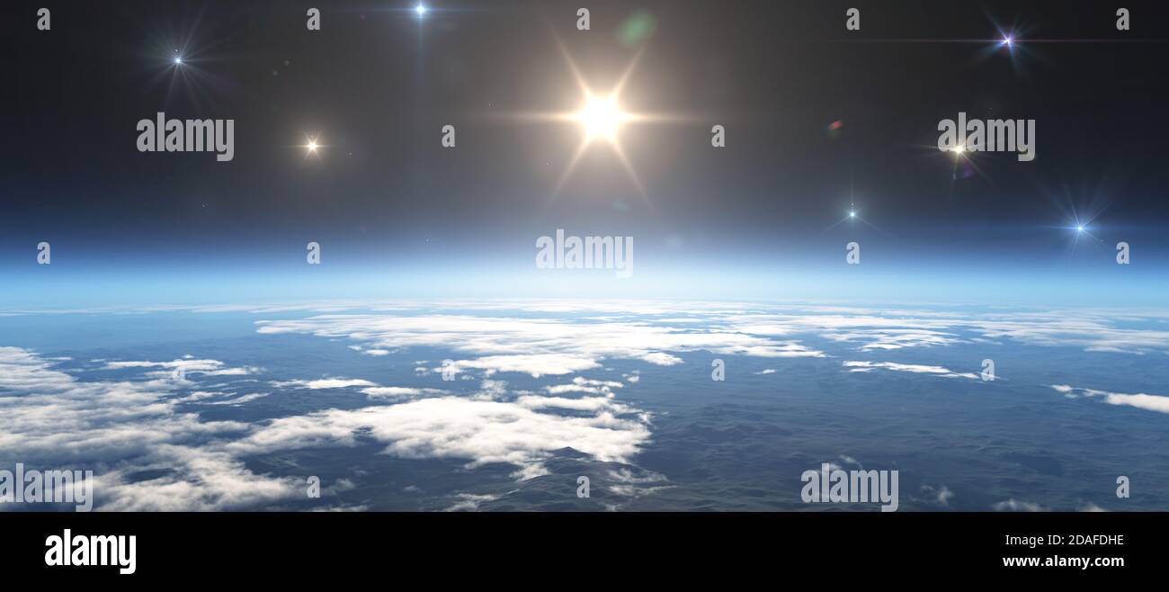 sunrise from space, stars and sun, 3d render illustration Stock Photo ...