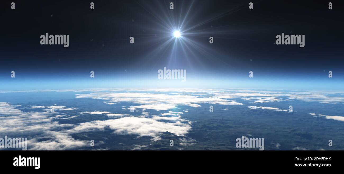 sunrise from space, stars and sun, 3d render illustration Stock Photo ...