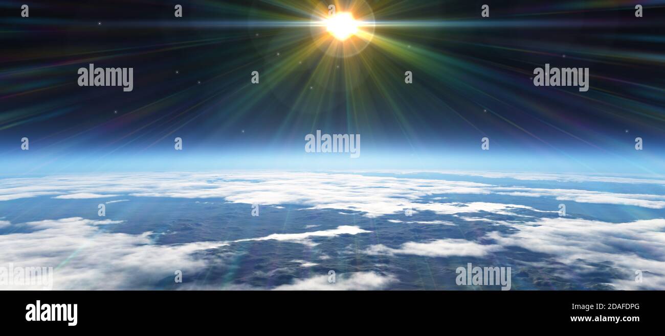 sunrise from space, stars and sun, 3d render illustration Stock Photo ...
