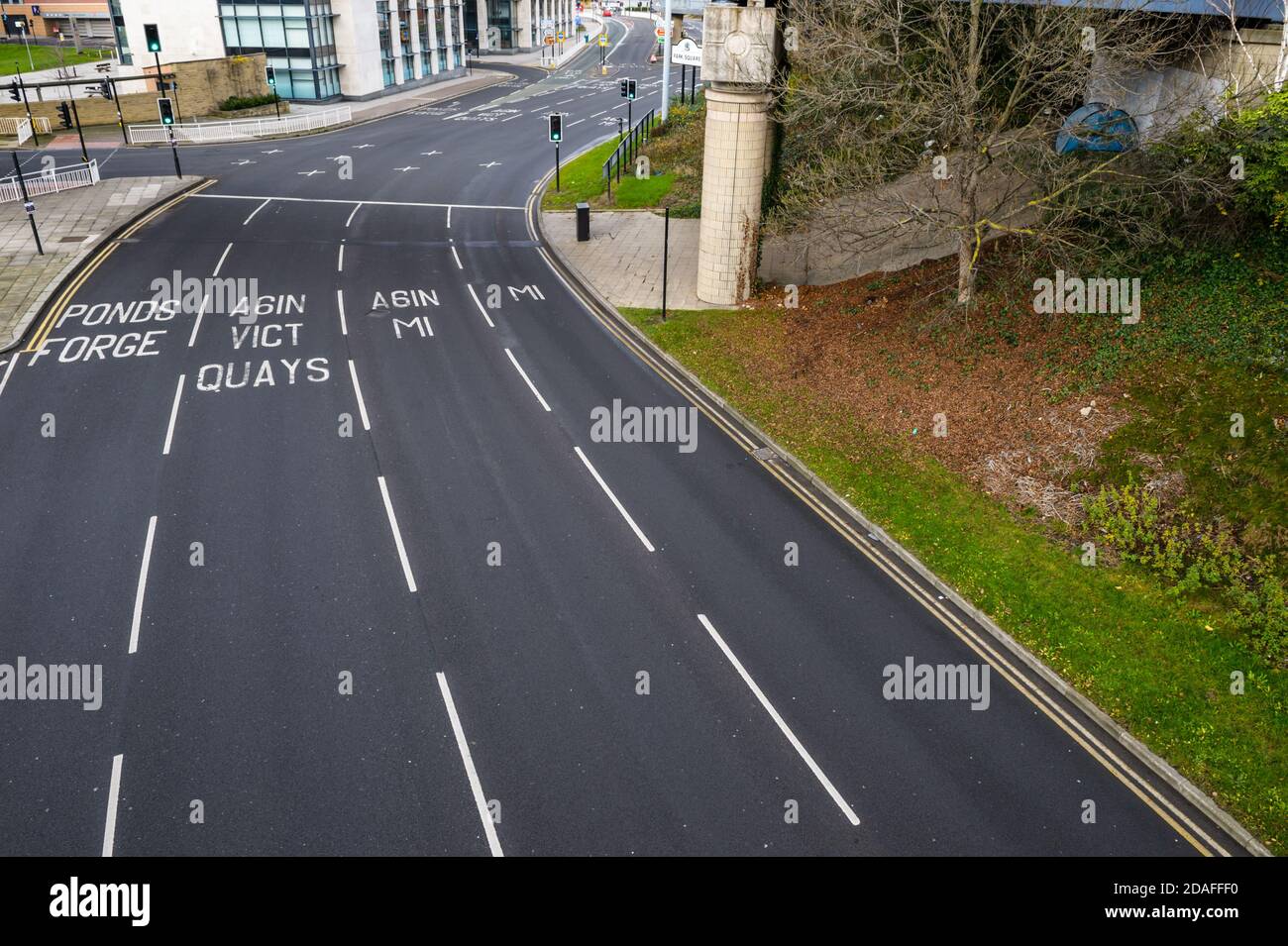 A pop-up tent pitched on Park Square roundabout, Sheffield under a ...