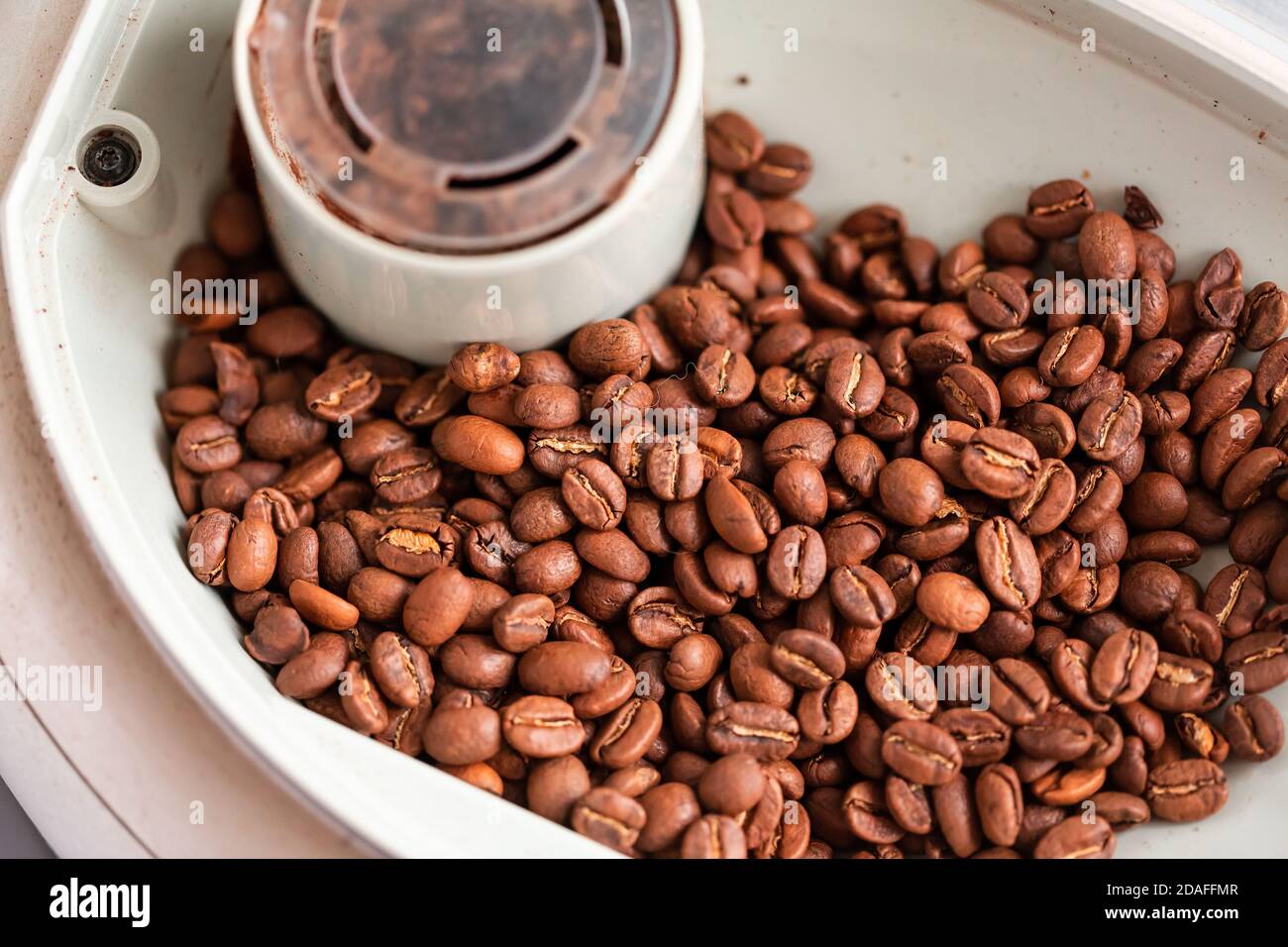 Coffee beans into the coffee machine dispenser before preparing coffee ...