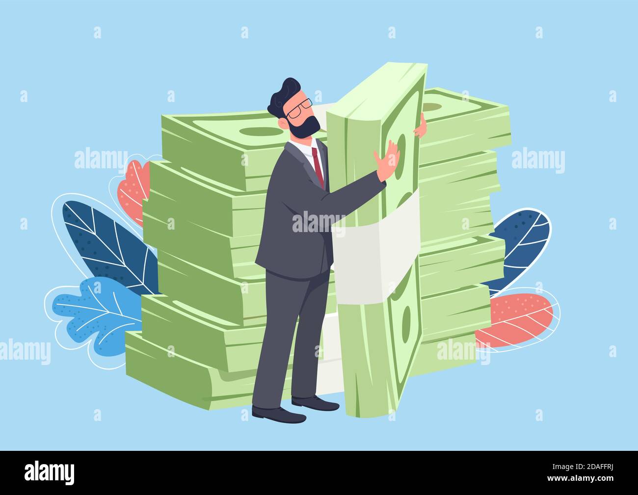 Businessman hugging big cash pack flat concept vector illustration ...