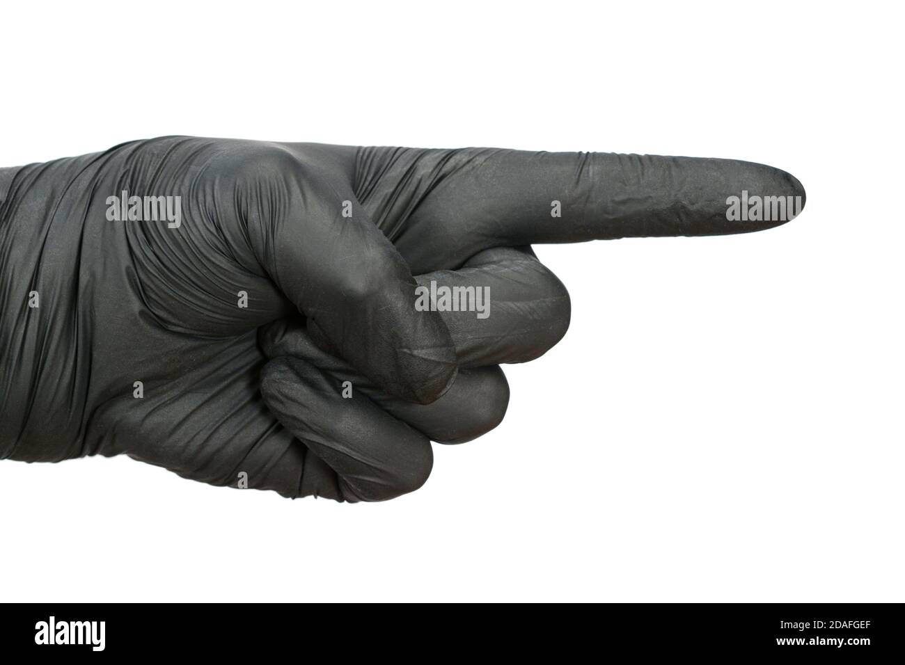 Hand in black rubber glove pointing to right with index finger ...